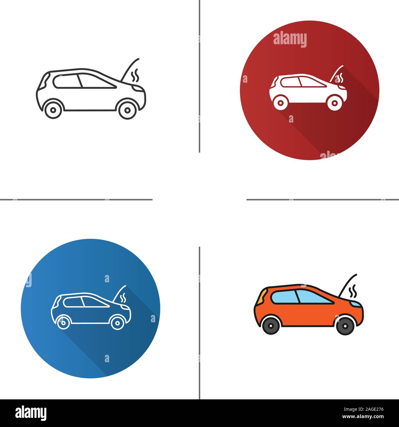 Broken car icon. Flat design, linear and color styles. Automobile with ...