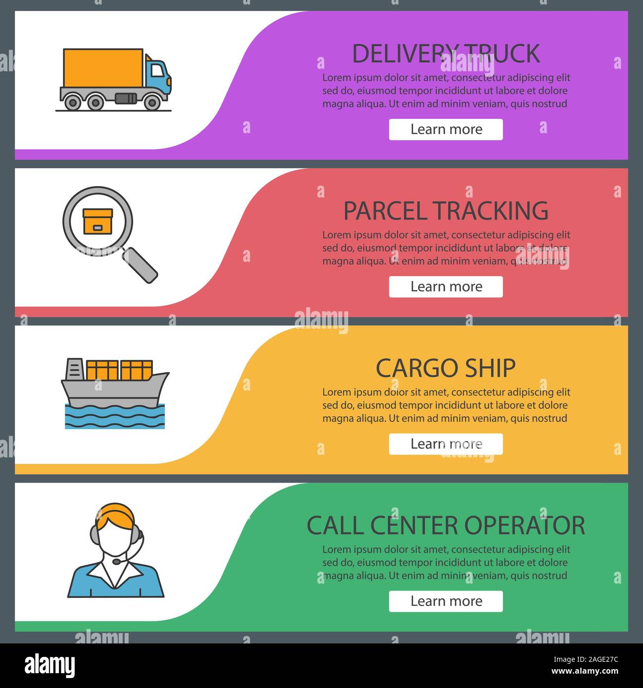 Cargo shipping web banner templates set. Delivery truck, parcel ...