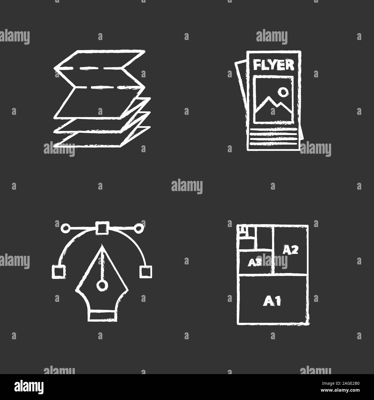 Printing chalk icons set. Polygraphy and typography. Folded brochure ...