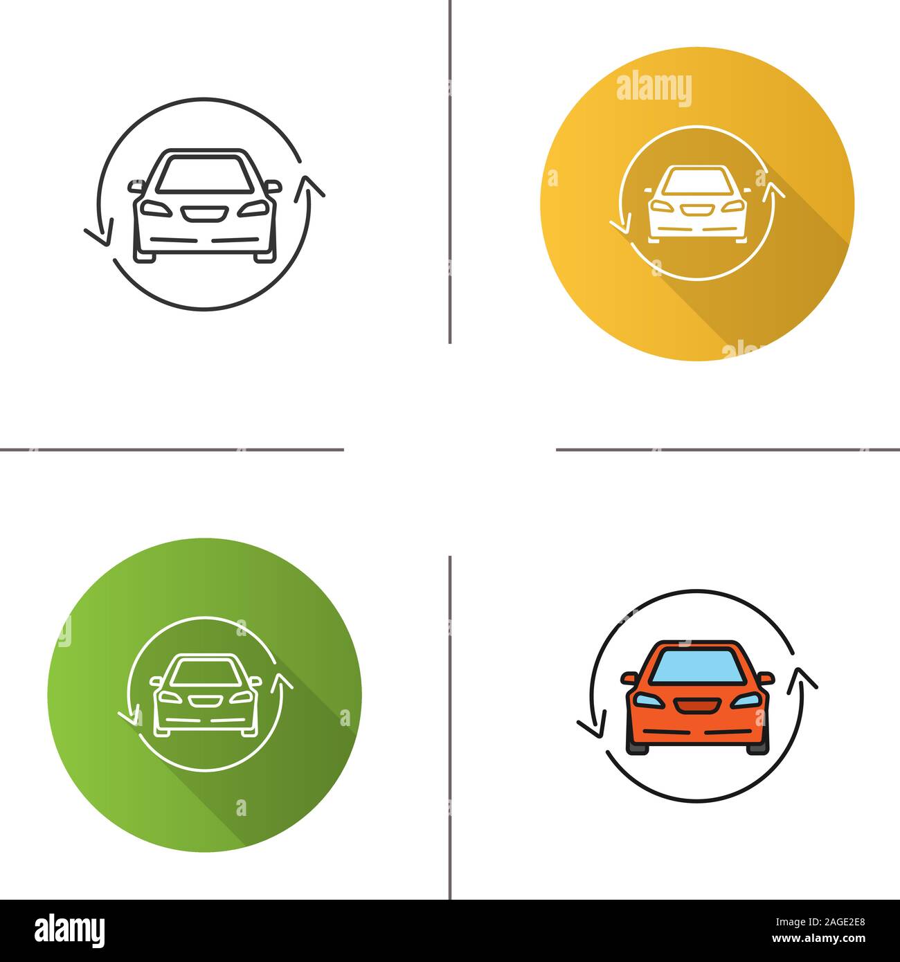 Car with circle arrow icon. Flat design, linear and color styles ...