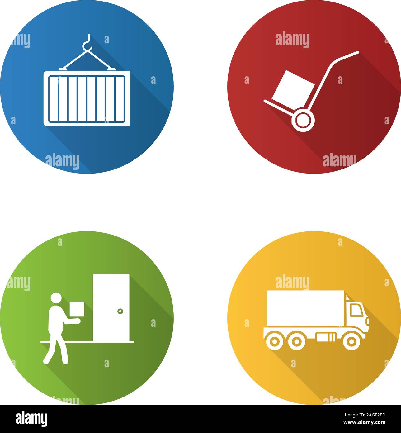 Cargo shipping flat design long shadow glyph icons set. Delivery service. Intermodal container ...