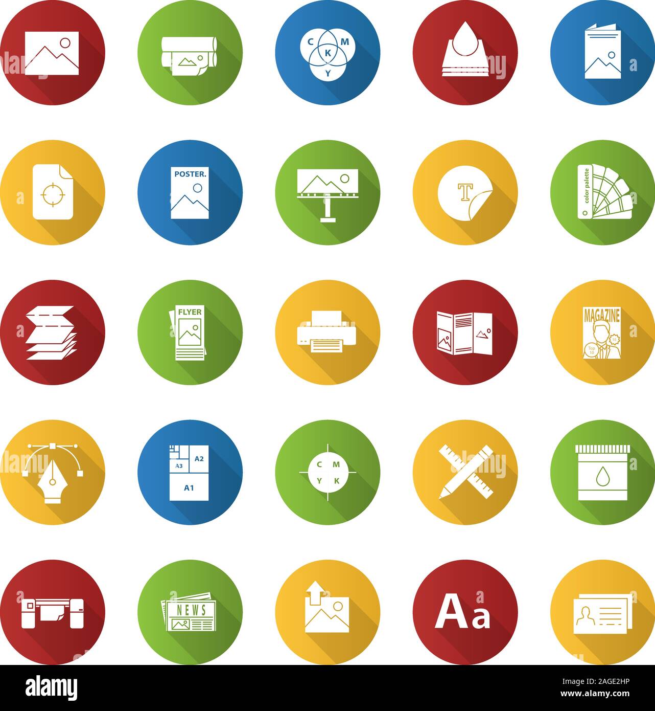 Printing flat design long shadow glyph icons set. Polygraphy and ...