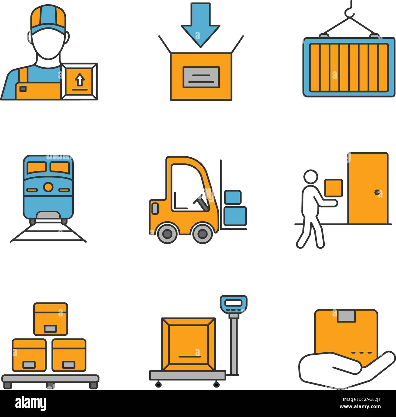 Cargo shipping color icons set. Delivery service. Loader man, parcel packing, intermodal ...