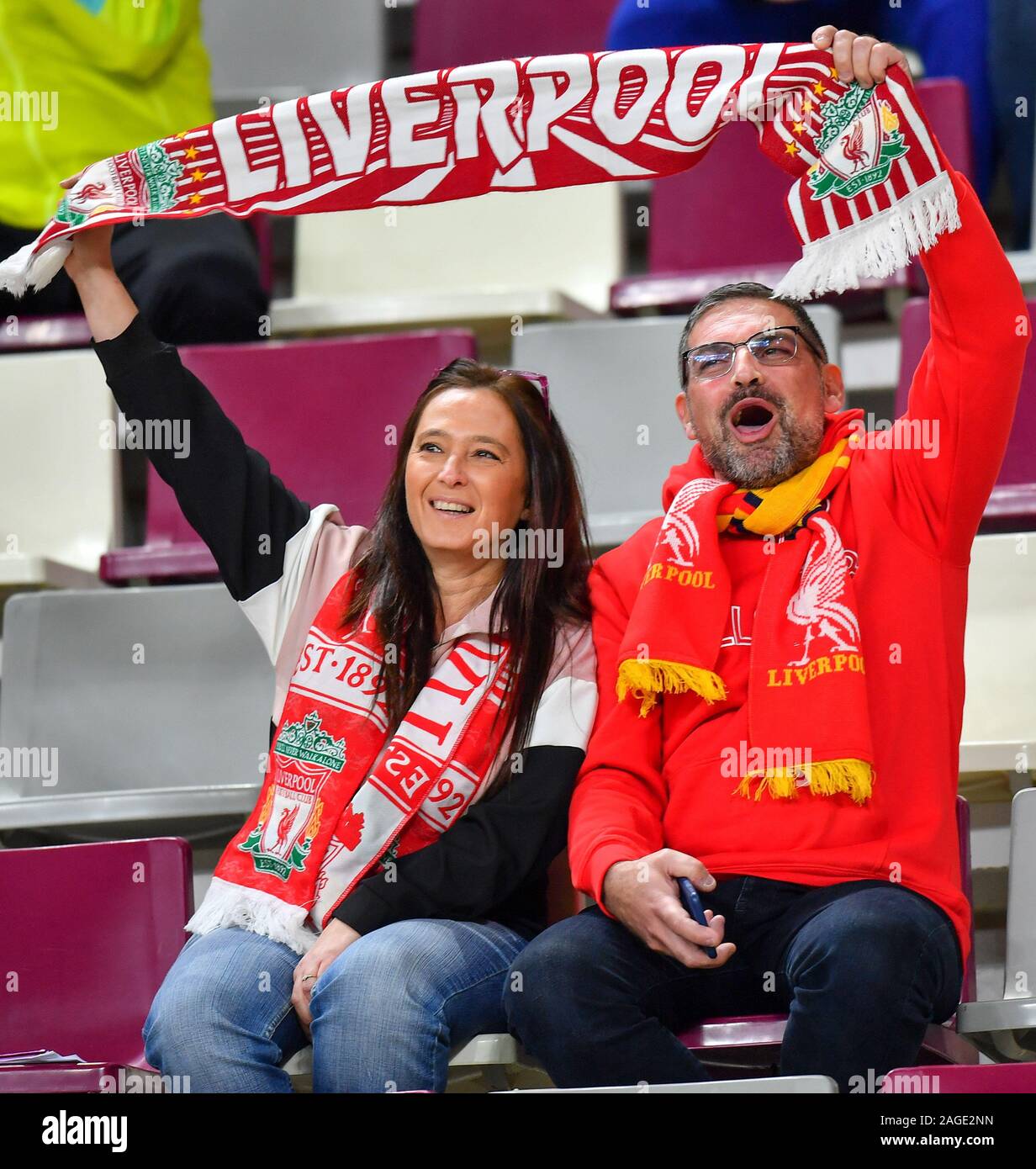 Doha, Qatar. 18th Dec, 2019. Liverpool supporters cheer for the team ...