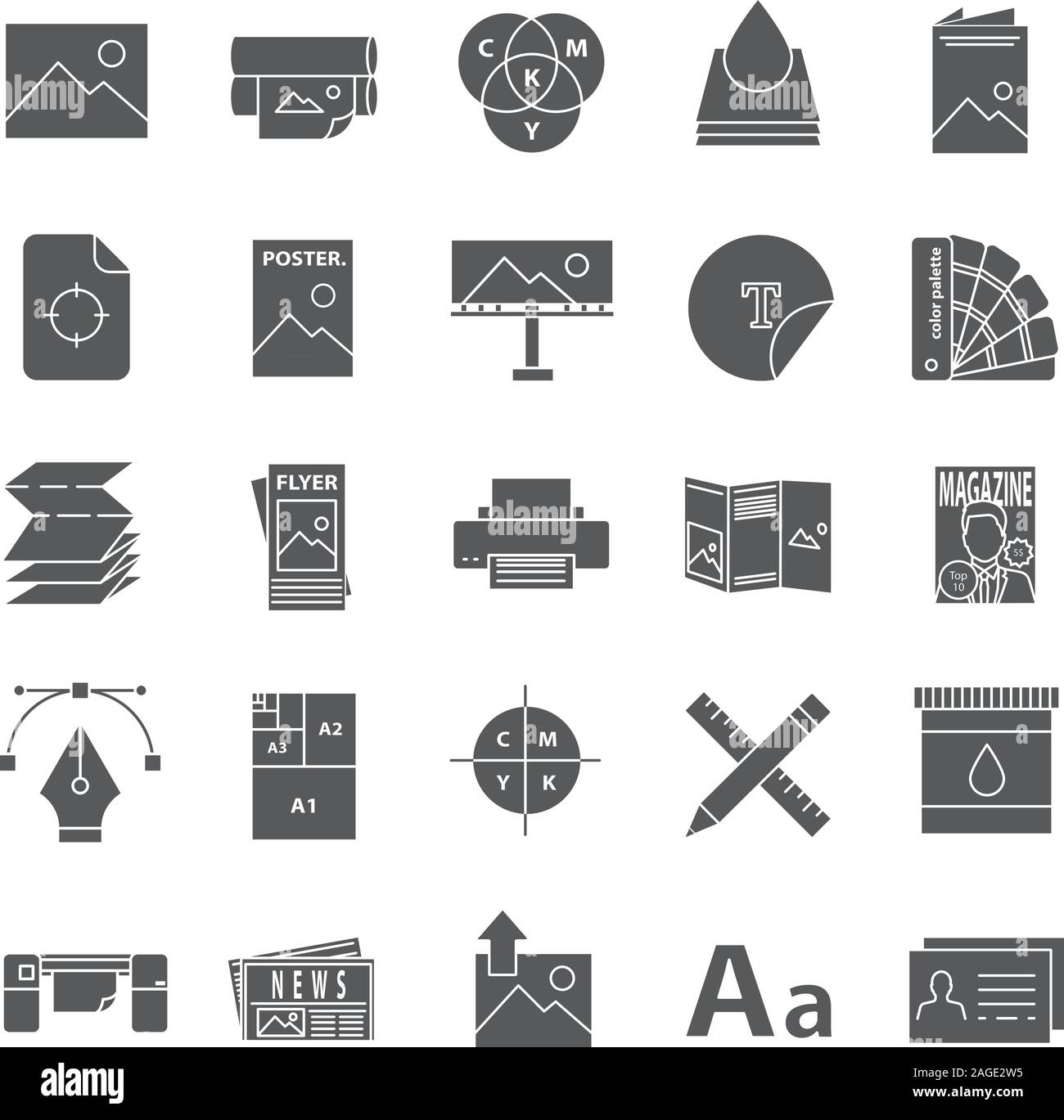 Printing glyph icons set. Polygraphy and typography. Posters, flyers ...