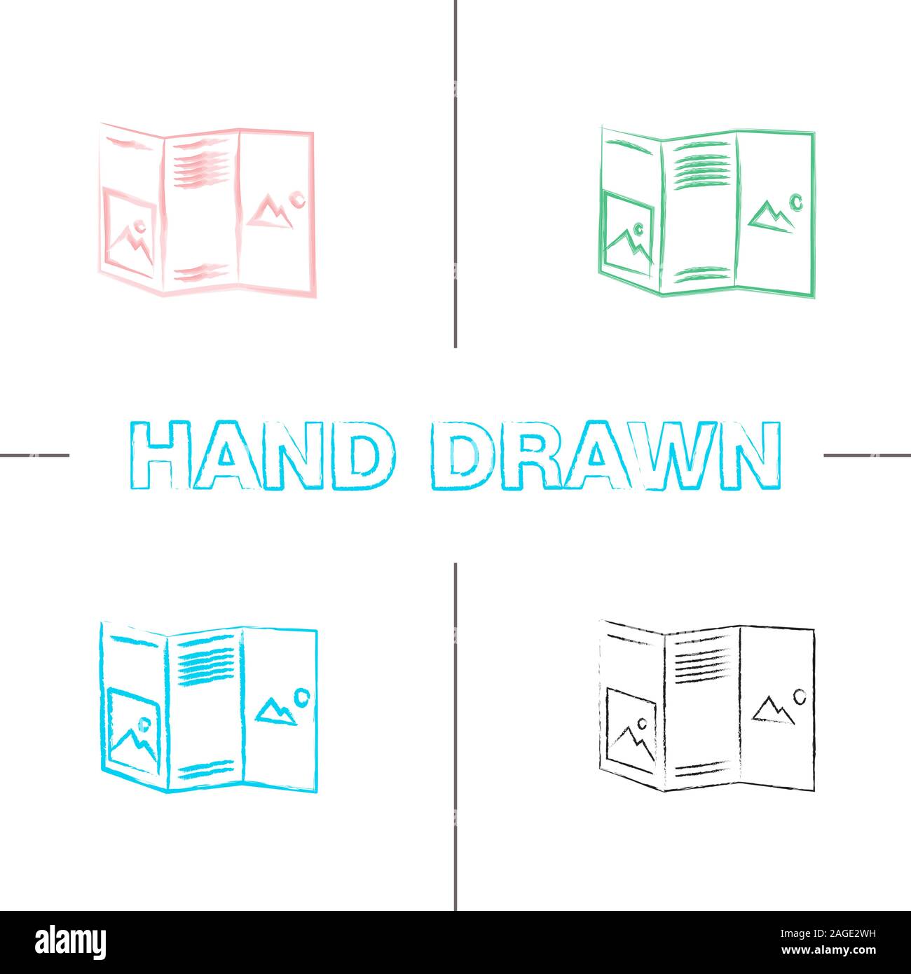 Folded brochure mockup hand drawn icons set. Color brush stroke ...