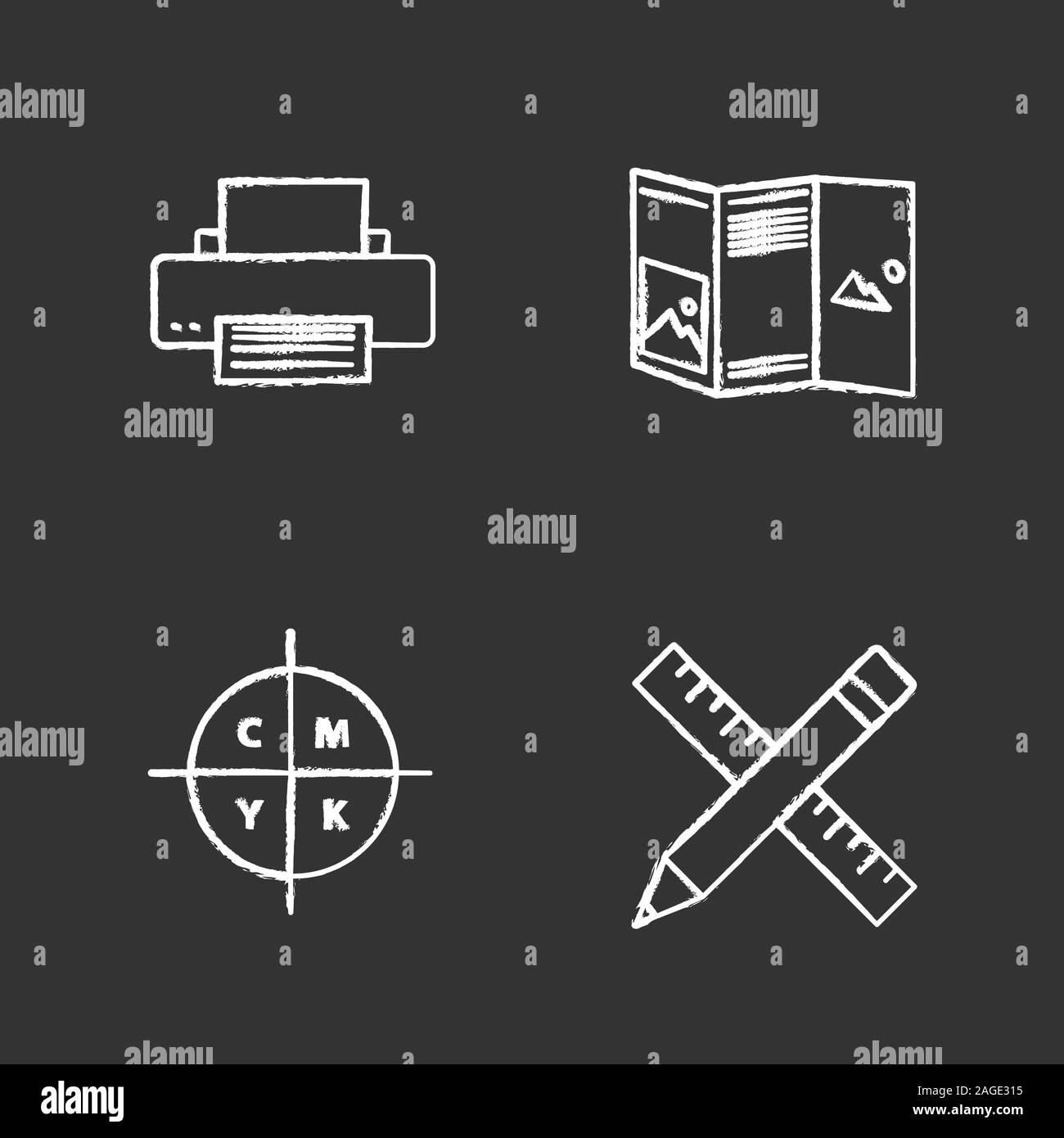 Printing chalk icons set. Printer, folded brochure, cmyk color model ...