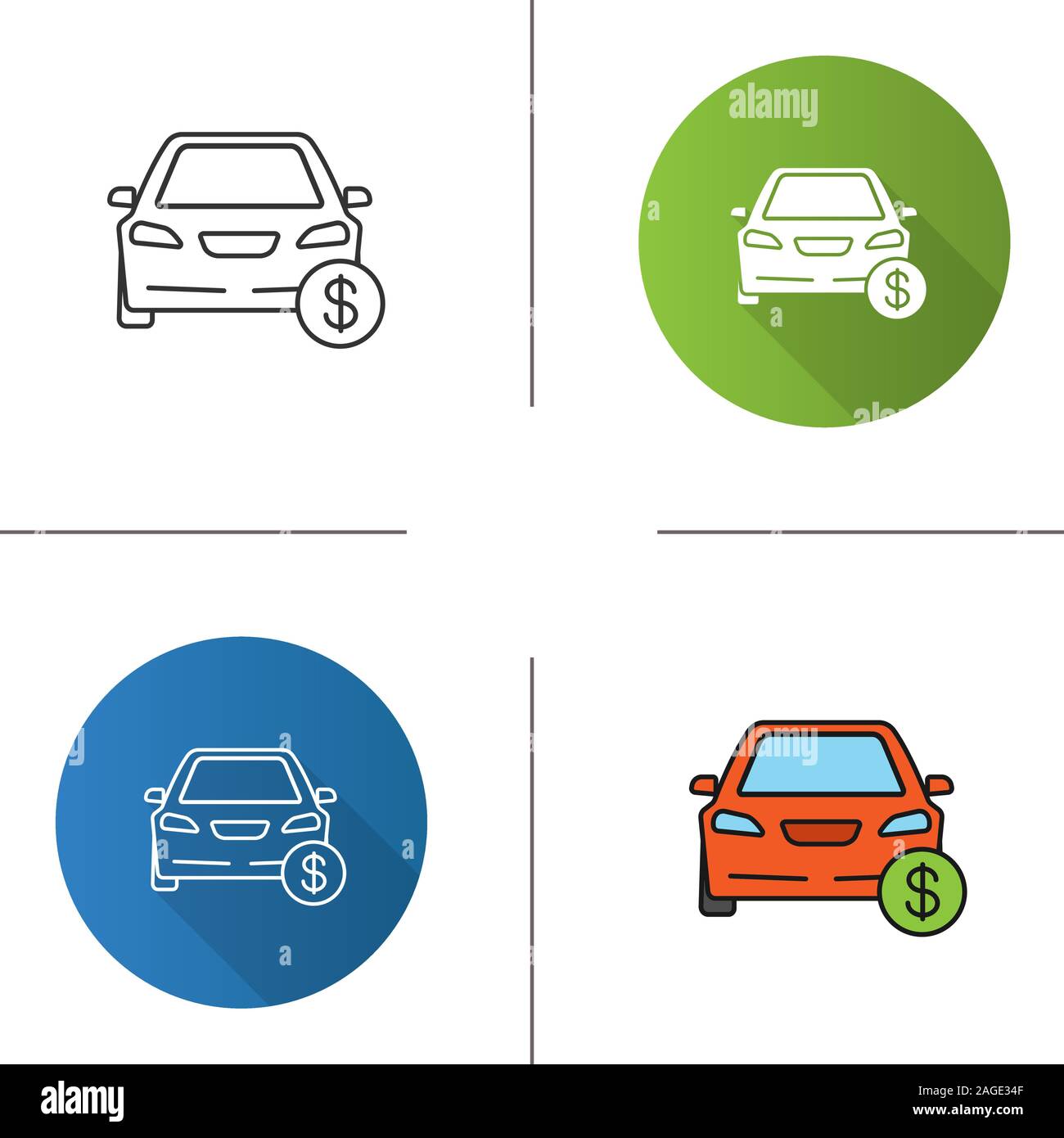 Car with dollar sign icon. Flat design, linear and color styles ...