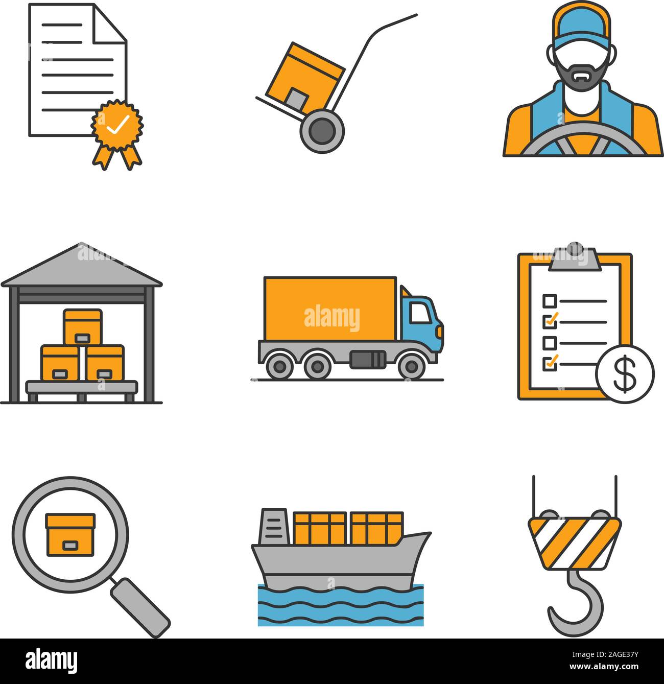 Cargo shipping color icons set. Delivery service. Certificate, dolly ...
