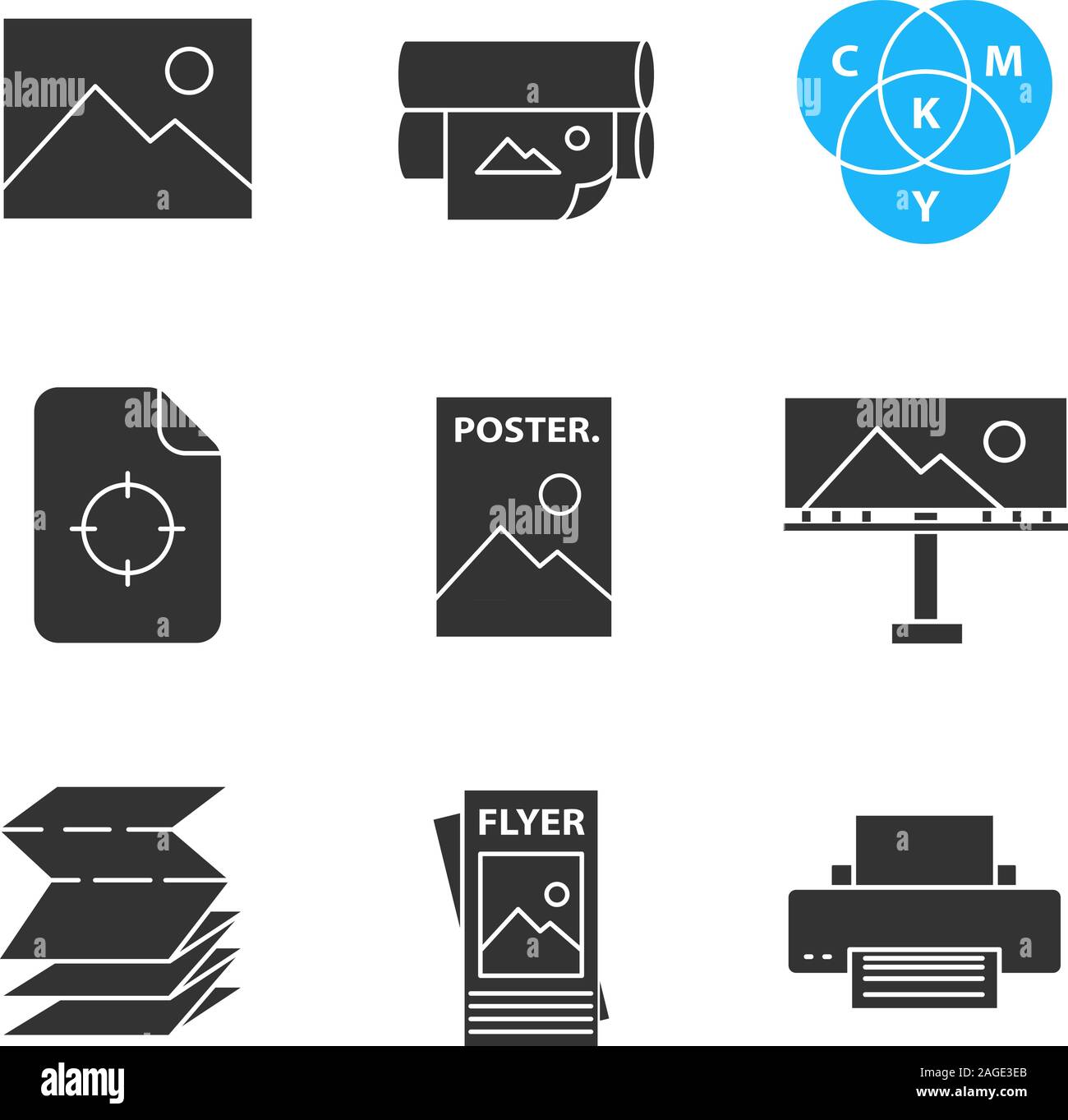 Printing glyph icons set. Digital image, printers, cmyk color model ...