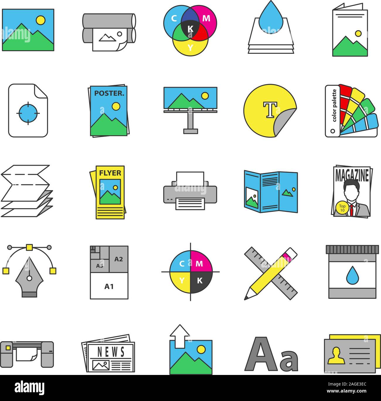 Printing color icons set. Polygraphy and typography. Posters, flyers, brochures, booklets ...