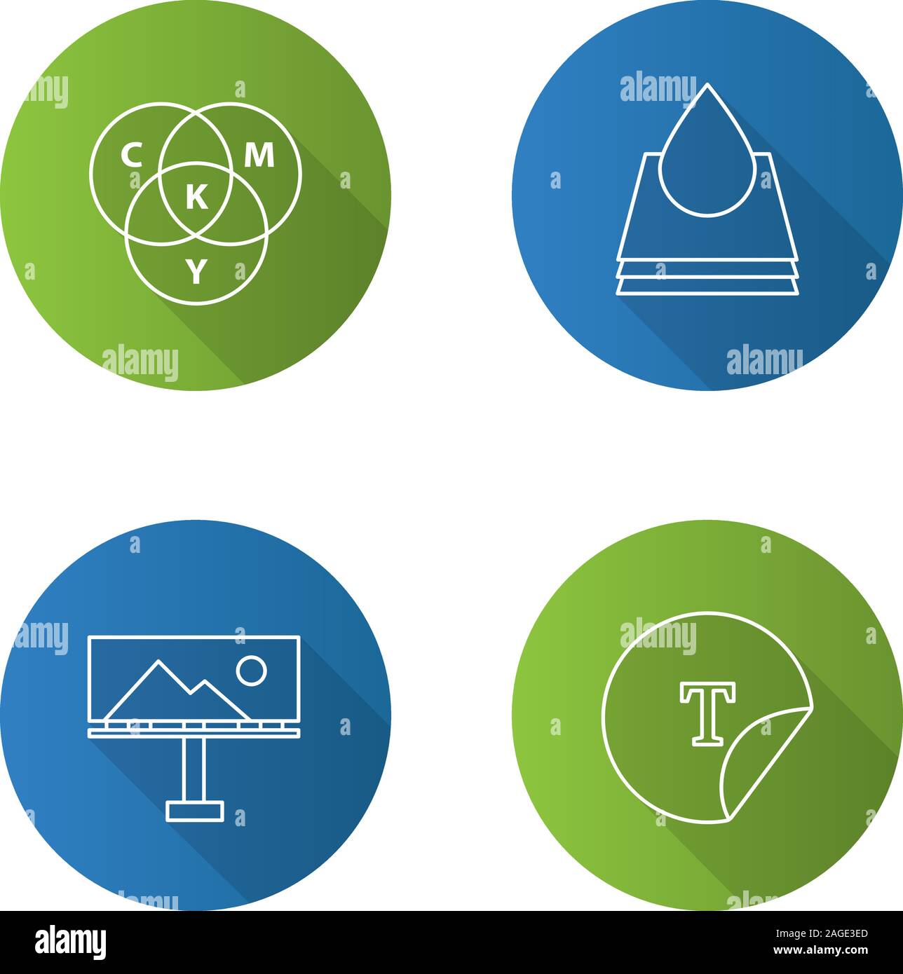Printing flat linear long shadow icons set. Polygraphy and typography ...