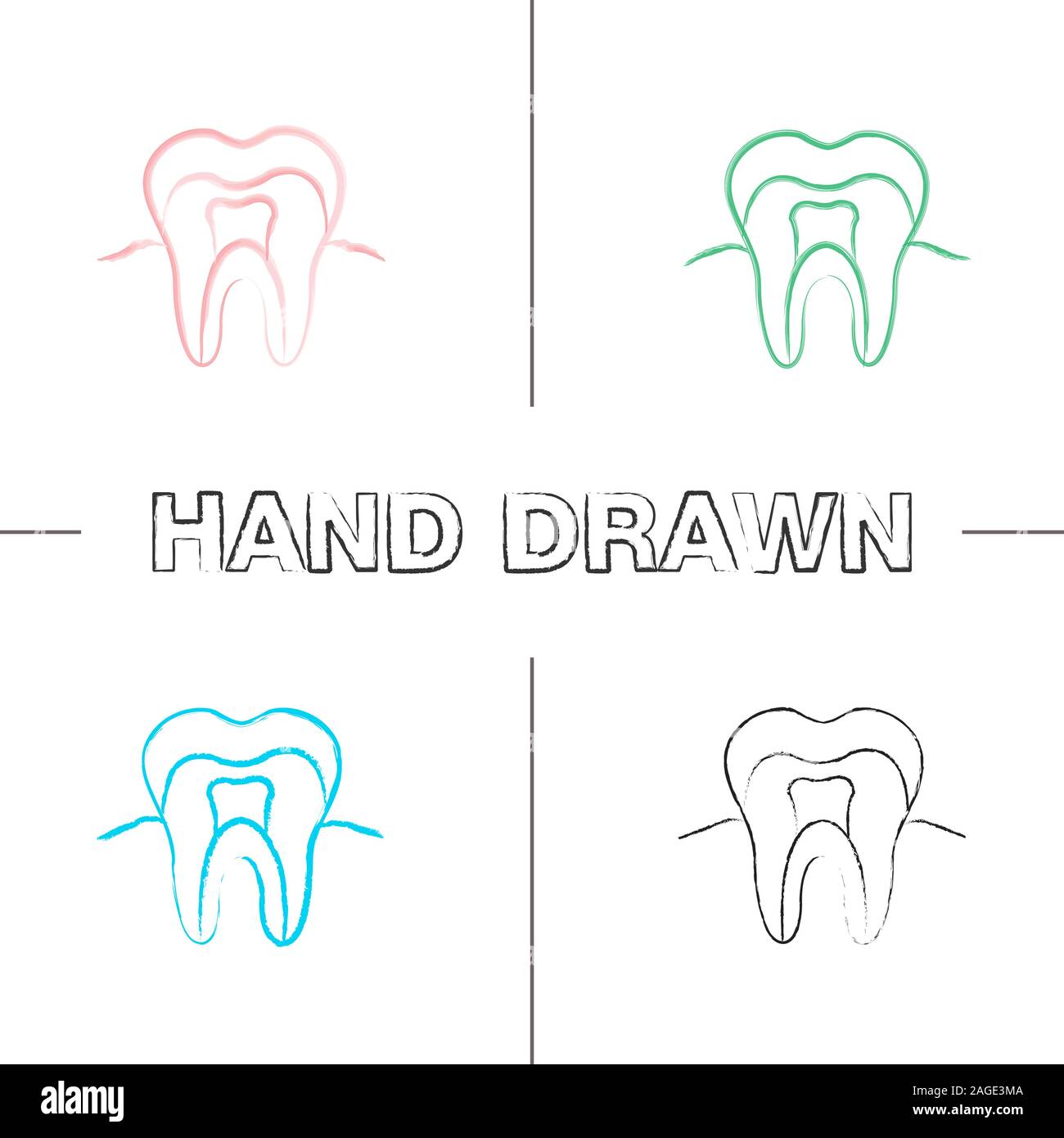 Tooth anatomical structure hand drawn icons set. Tooth root and crown ...