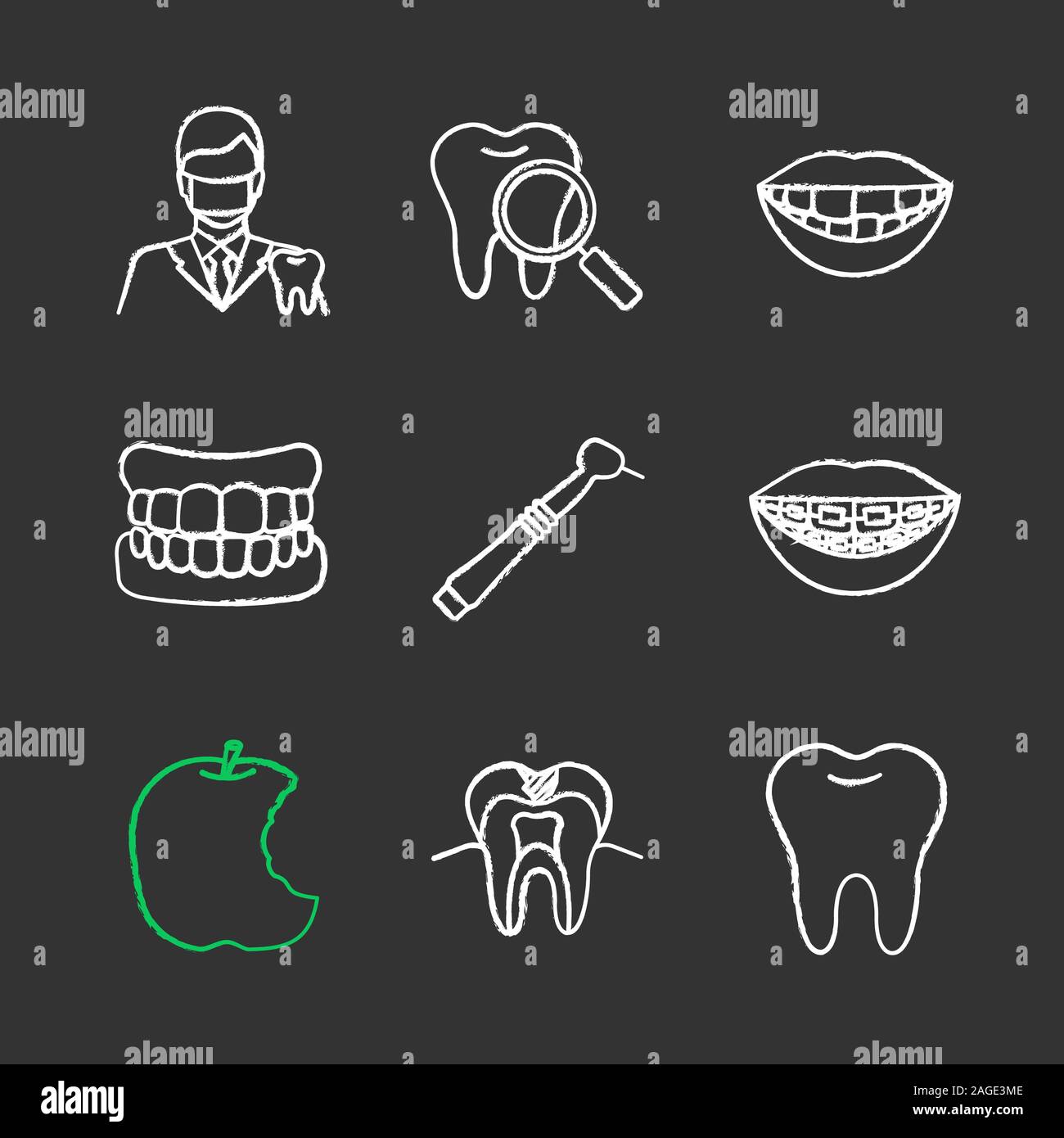 Dentistry chalk icons set. Stomatology. Dentist, teeth check, denture ...
