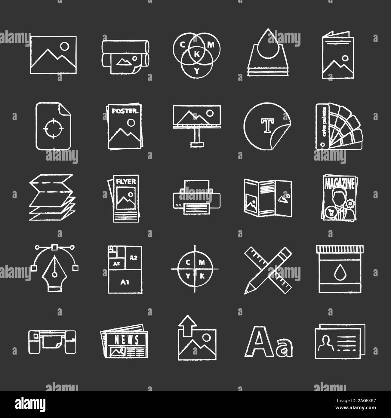 Printing chalk icons set. Polygraphy and typography. Posters, flyers, brochures, booklets ...