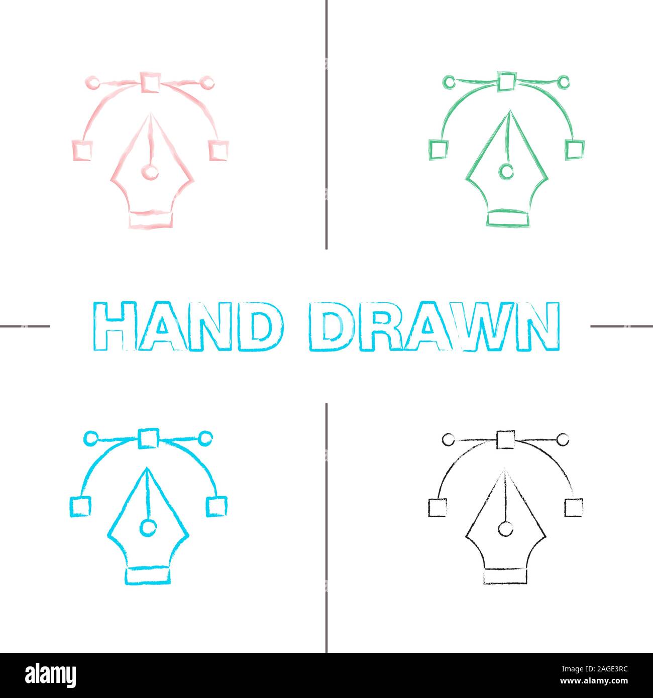 Fountain pen nib hand drawn icons set. Color brush stroke. Computer pen ...