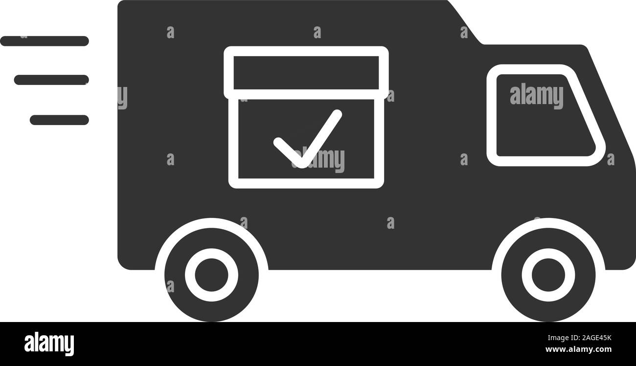 Delivery van with checkmark glyph icon. Fast shipping. Freight ...