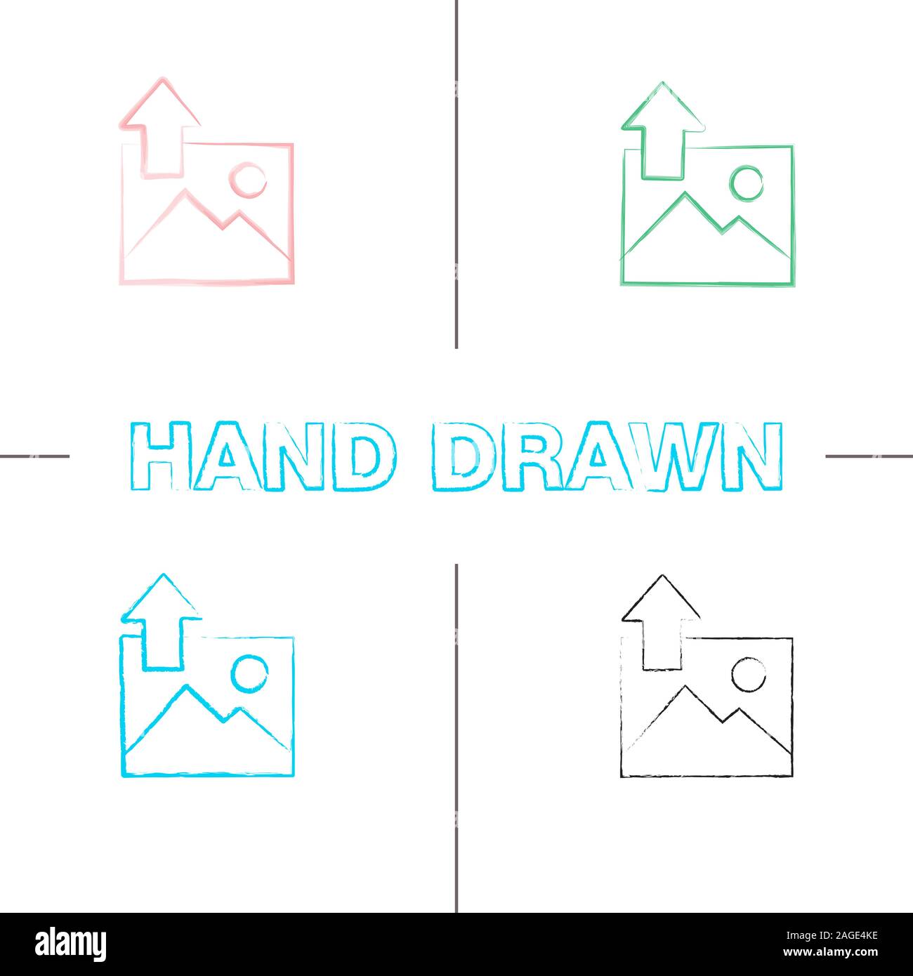 Digital image uploading hand drawn icons set. Picture with up arrow. Color brush stroke ...