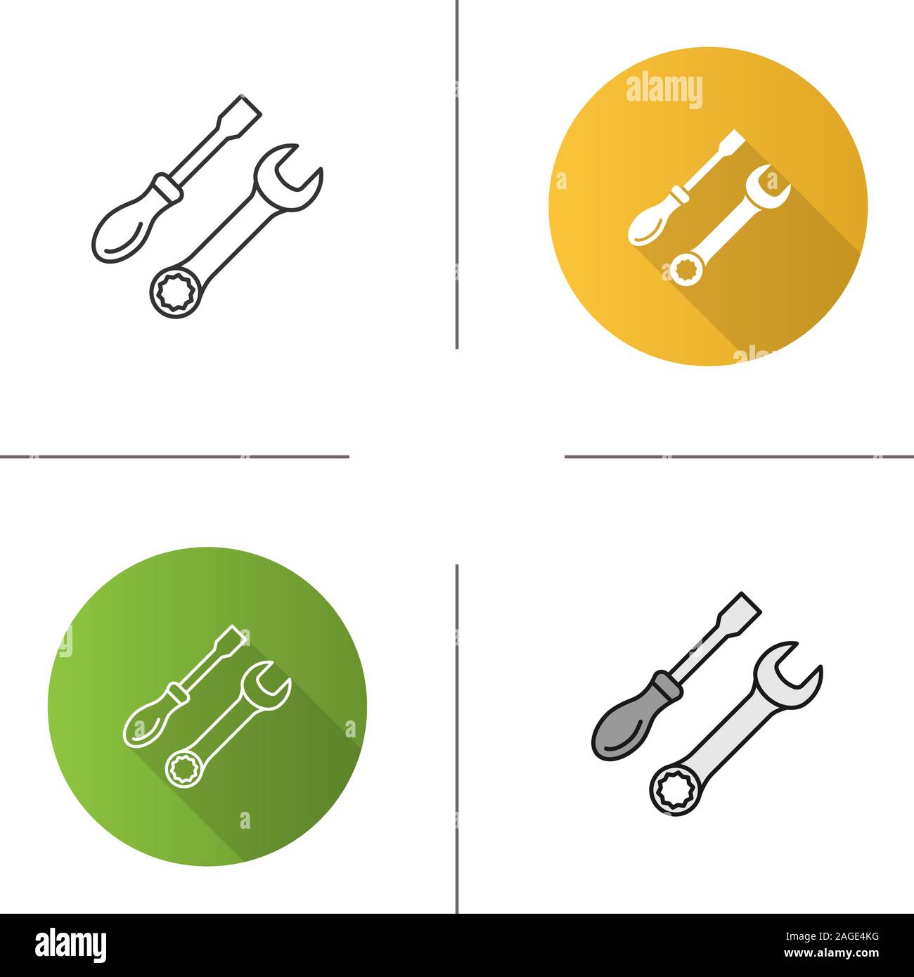 Screwdriver and spanner icon. Flat design, linear and color styles ...