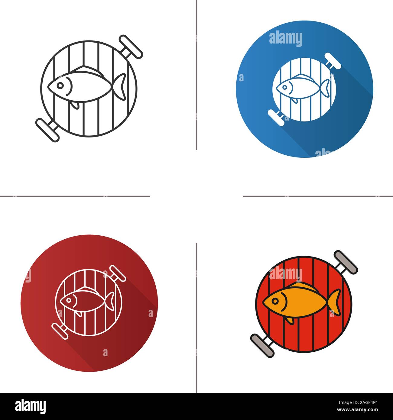 Fish on barbecue grill icon. Flat design, linear and color styles ...