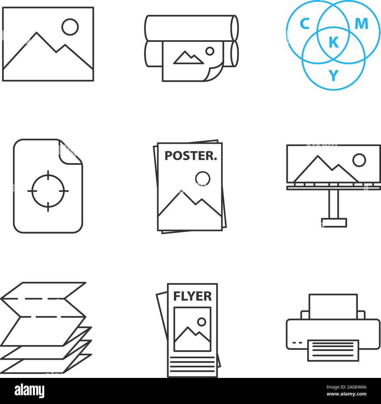 Printing linear icons set. Digital image, printers, CMYK model ...