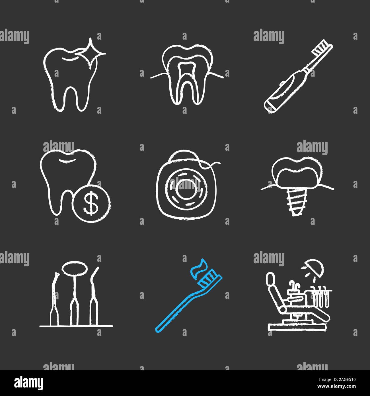 Dentistry chalk icons set. Healthy tooth structure, electric toothbrush ...