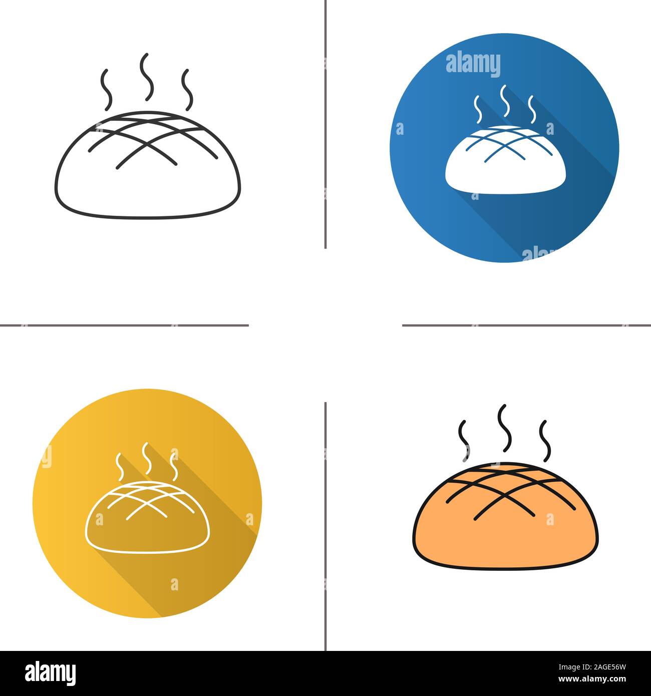 Fresh round rye bread loaf icon. Flat design, linear and color styles ...