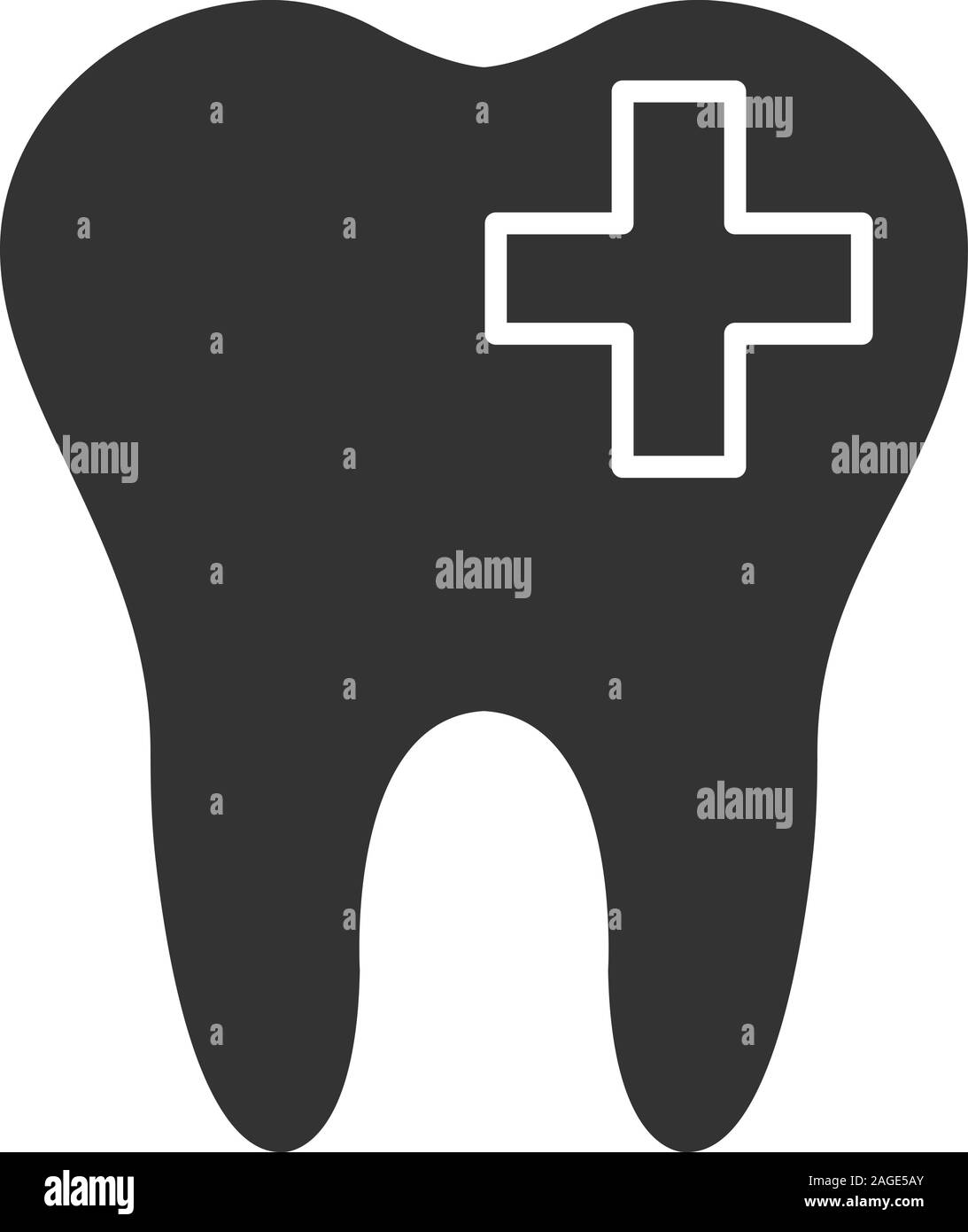 Teeth treatment glyph icon. Tooth with medical cross. Silhouette symbol ...