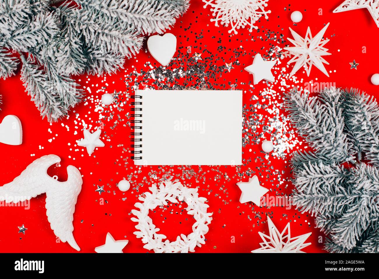 White christmas toys on red background. Flat lay style Stock Photo - Alamy