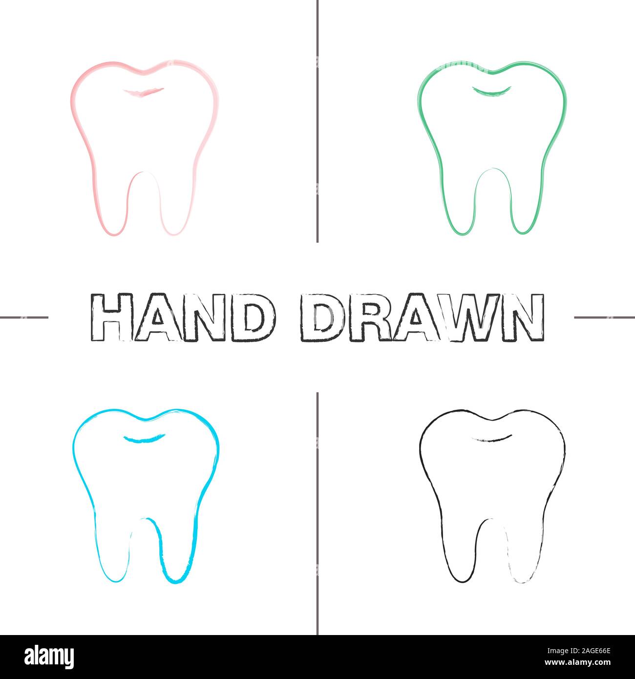 Healthy tooth hand drawn icons set. Color brush stroke. Isolated vector ...