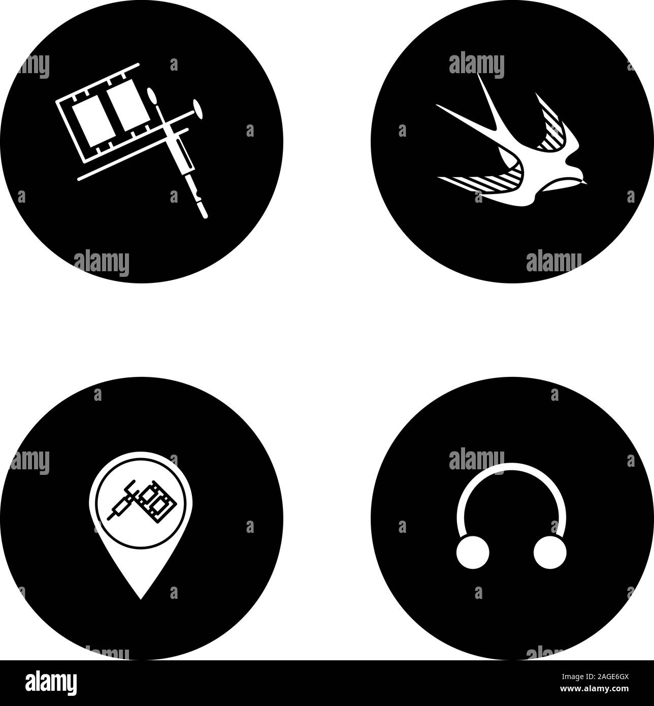 Tattoo studio glyph icons set. Piercing service. Tattoo machine ...