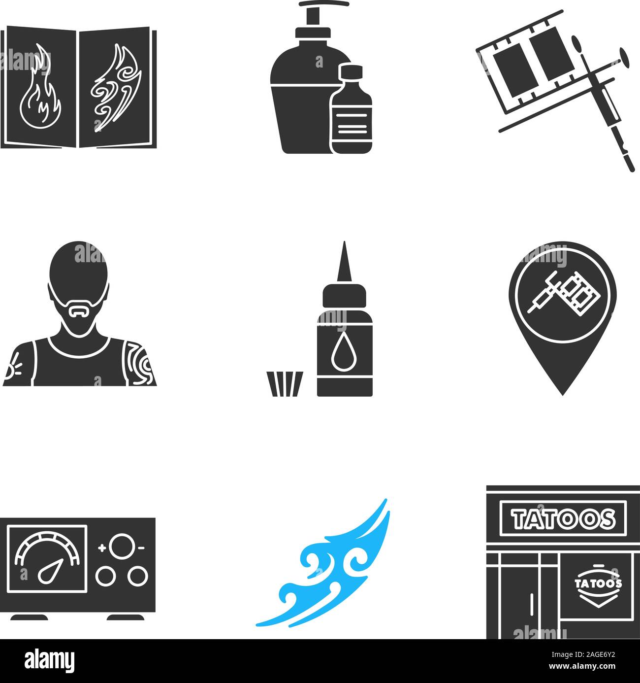 Tattoo studio glyph icons set. Tattoos catalog, aftercare, tattooist ...