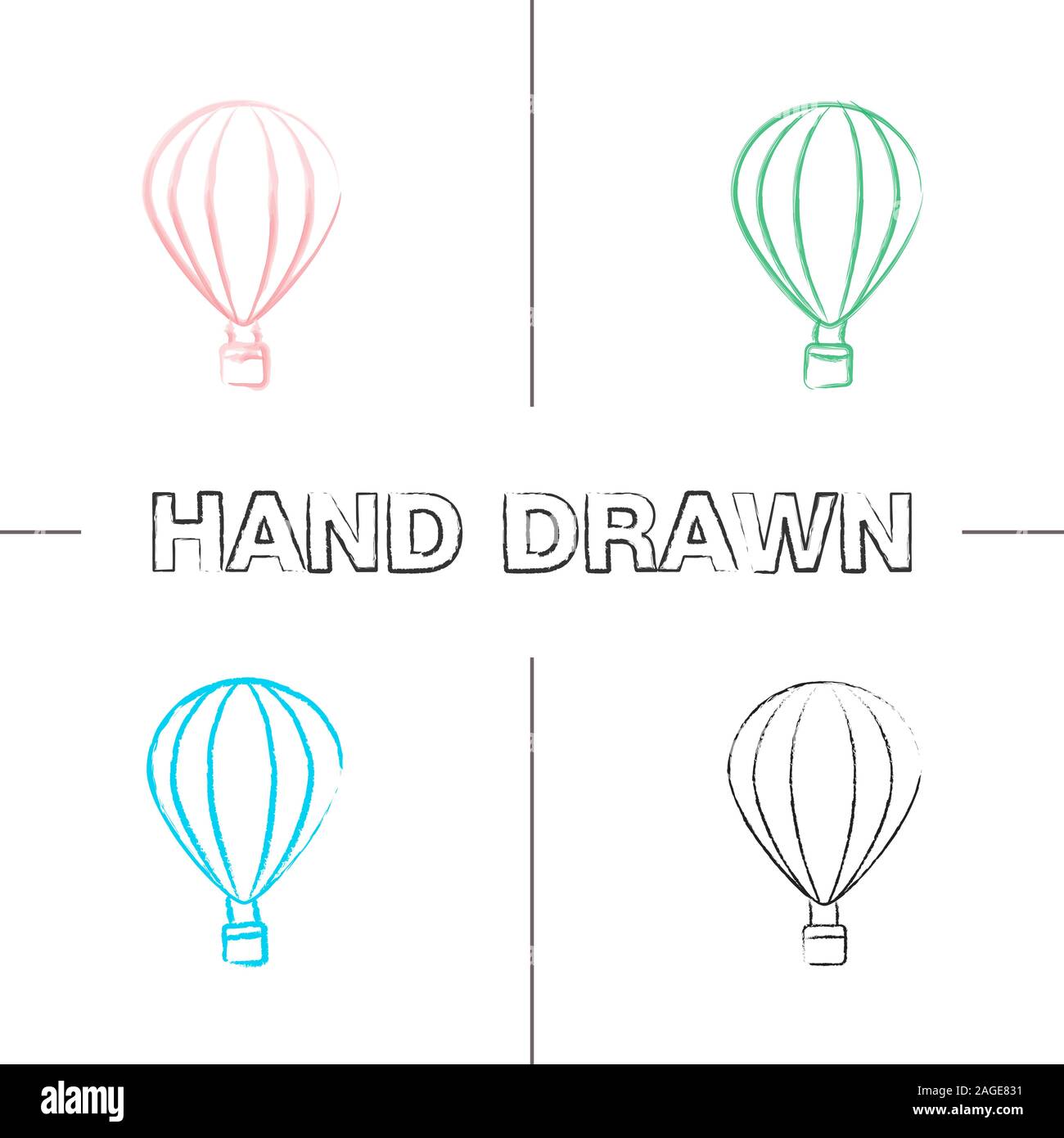 Hot air balloon hand drawn icons set. Color brush stroke. Aerostat ...