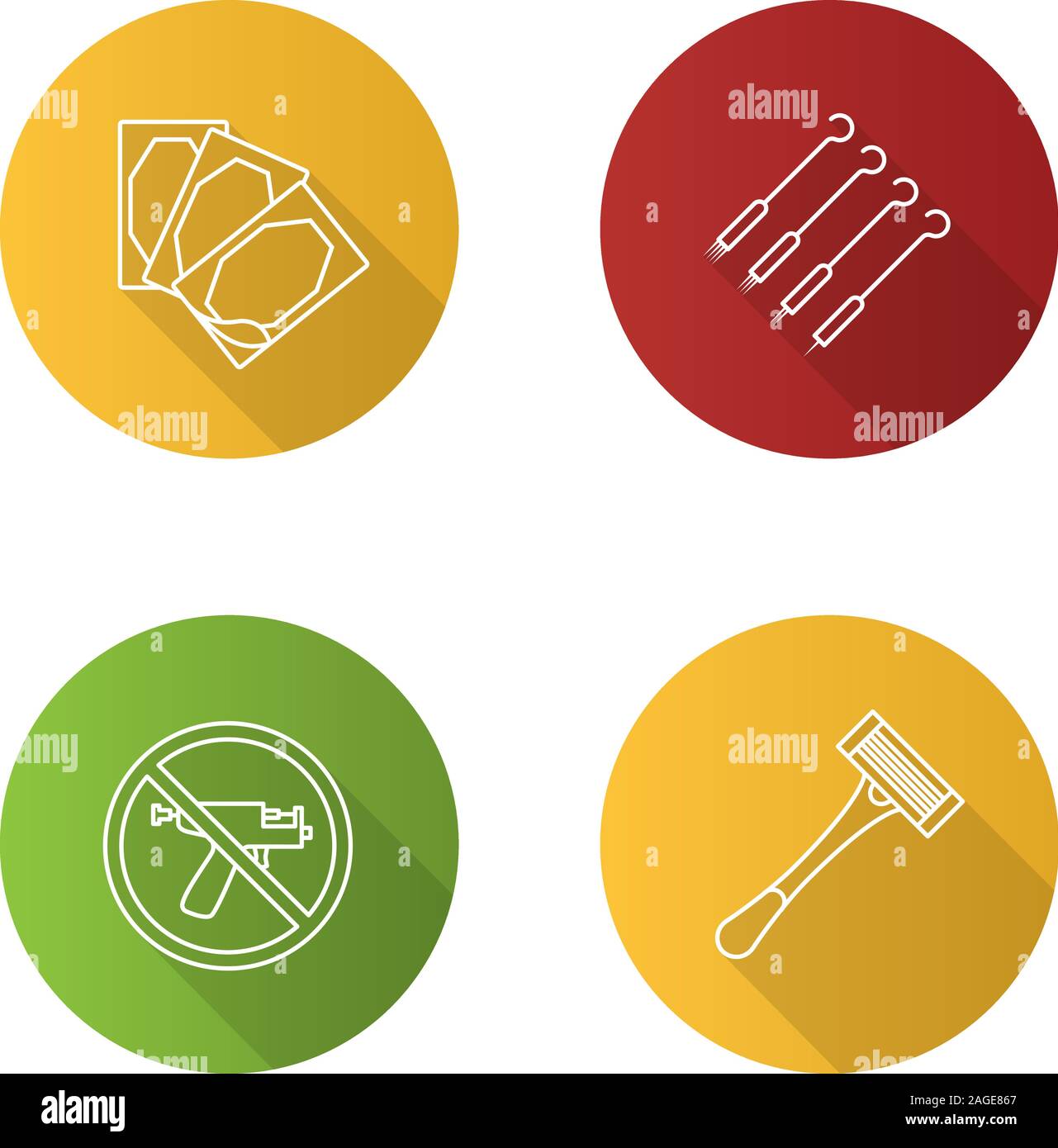 Tattoo studio flat linear long shadow icons set. Piercing service ...