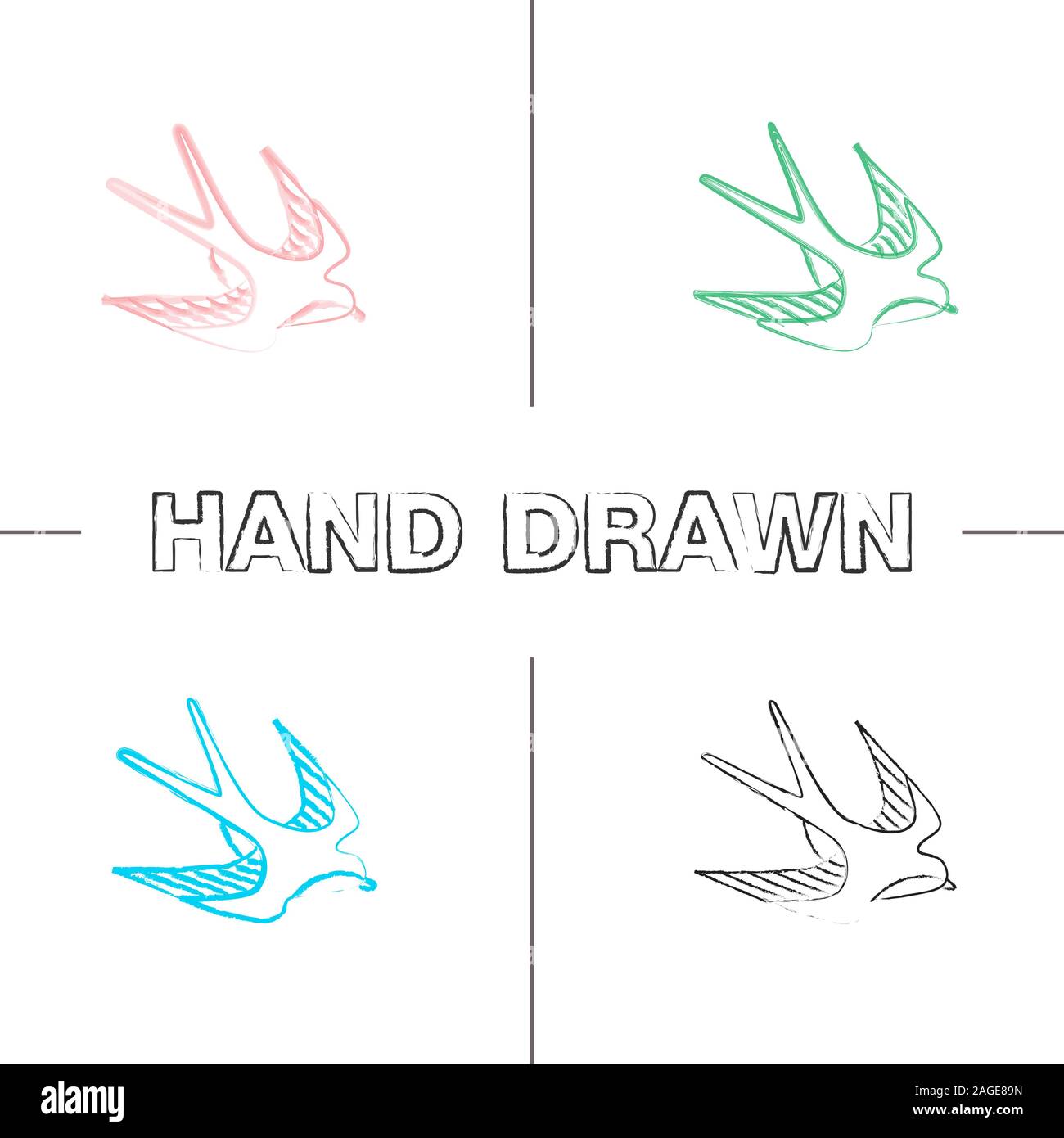 Swallow bird hand drawn icons set. Sailor's tattoo sketch. Color brush ...