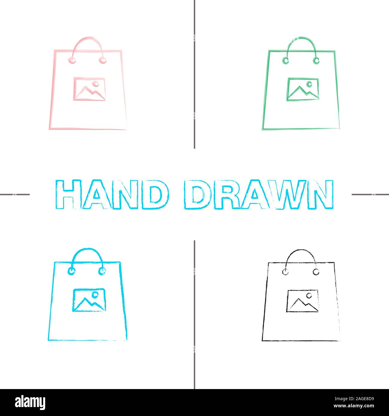 Printing on shopping bags hand drawn icons set. Color brush stroke ...