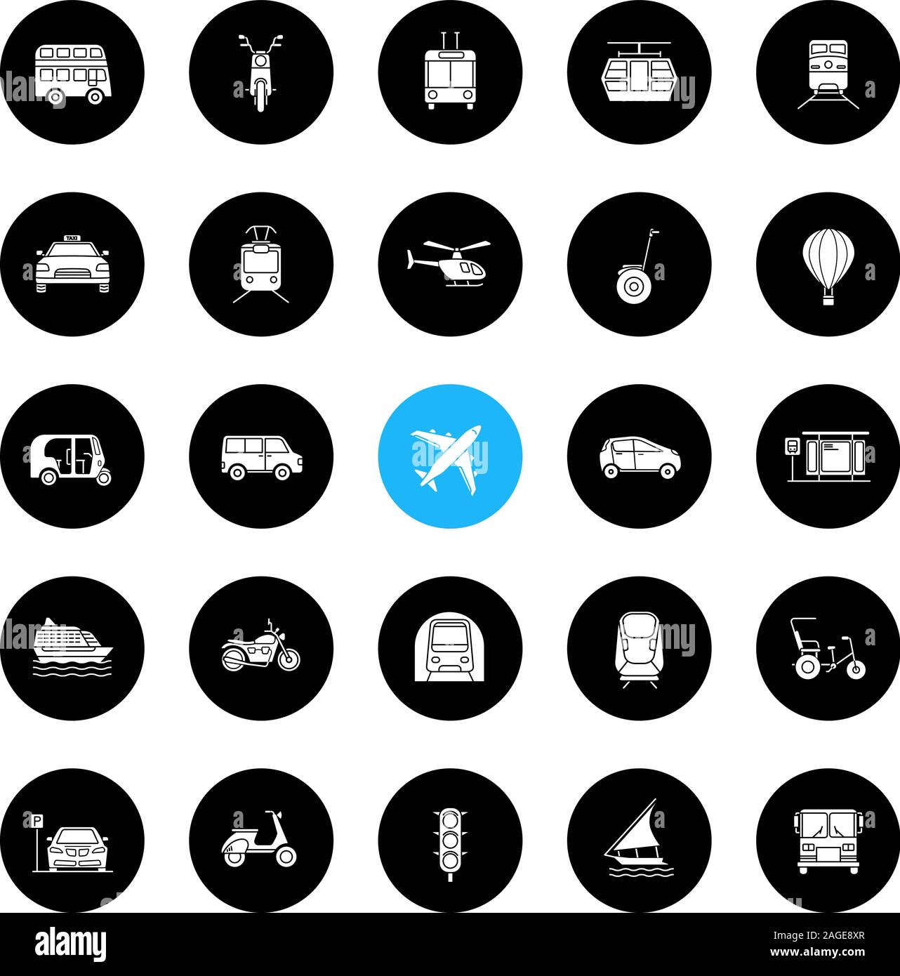 Public transport glyph icons set. Water, land and air vehicles. Modes ...
