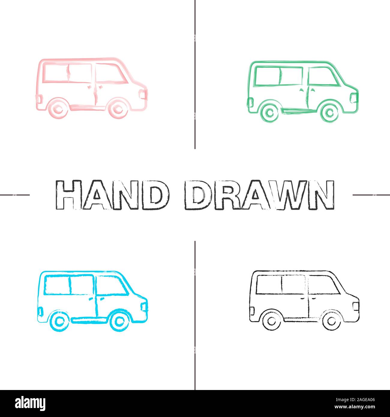 Minibus hand drawn icons set. Color brush stroke. Minivan. Family car ...
