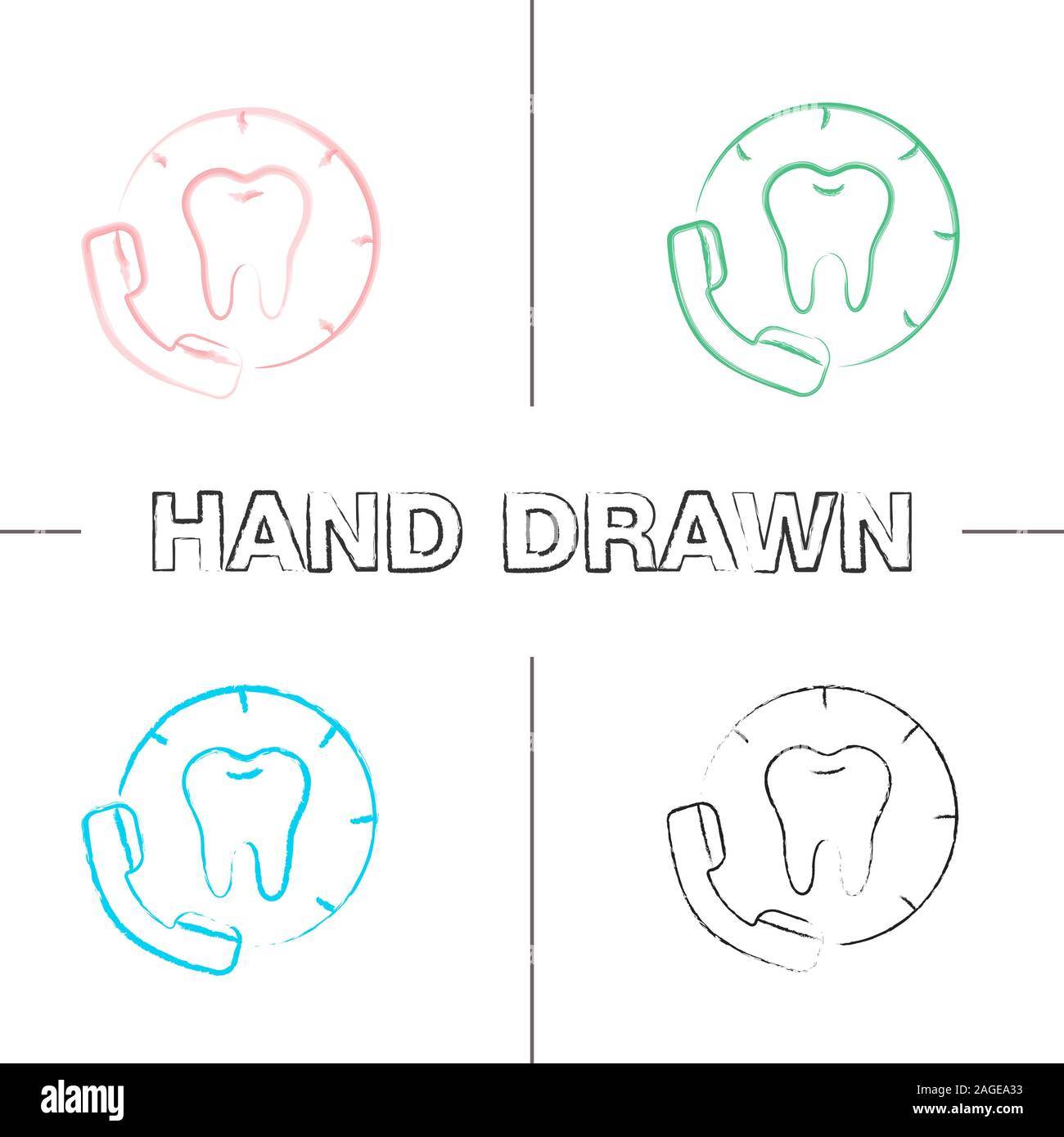 Making appointment with dentist hand drawn icons set. Calling to dental ...