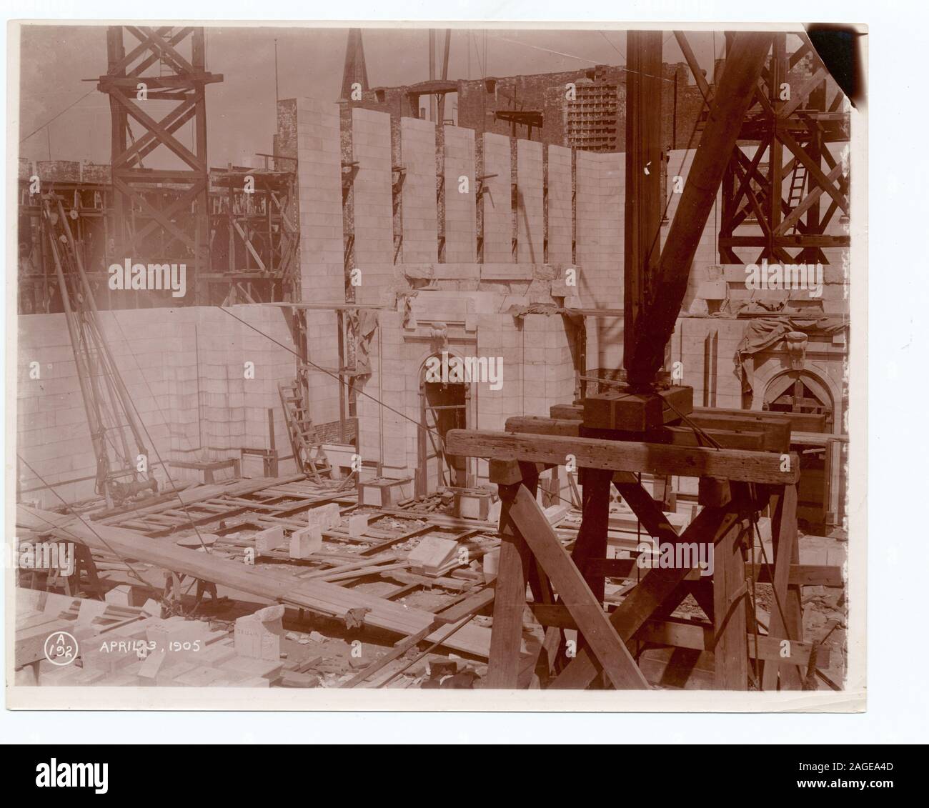 Interior work : construction of marble walls, looking northwest ...