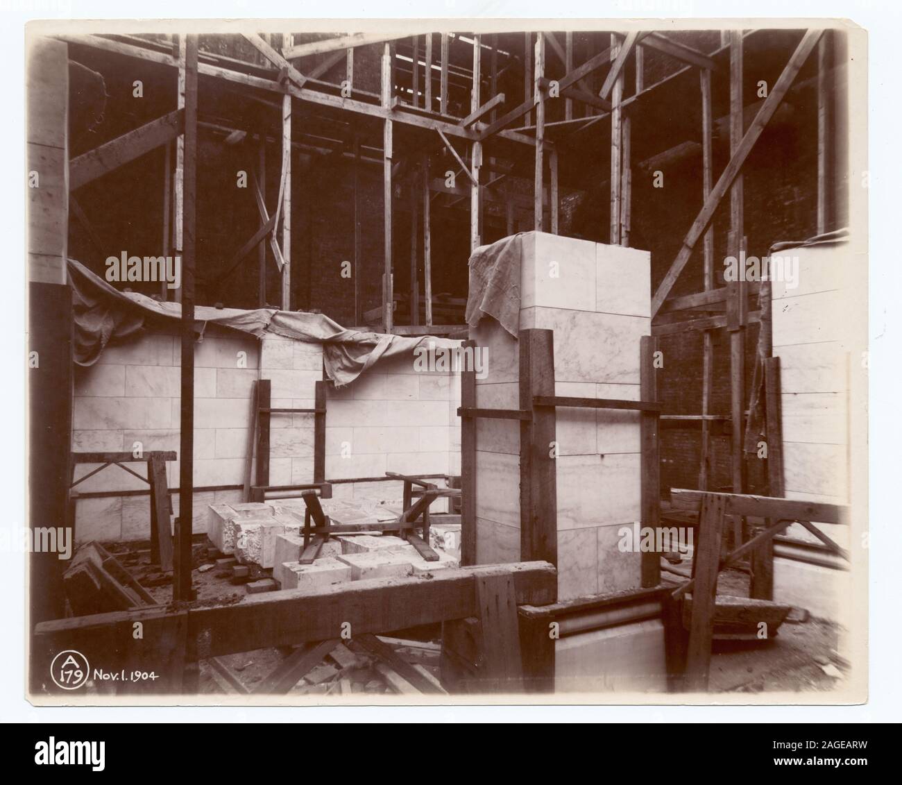 Interior work : marble wall and pylons.; Interior work : marble wall ...