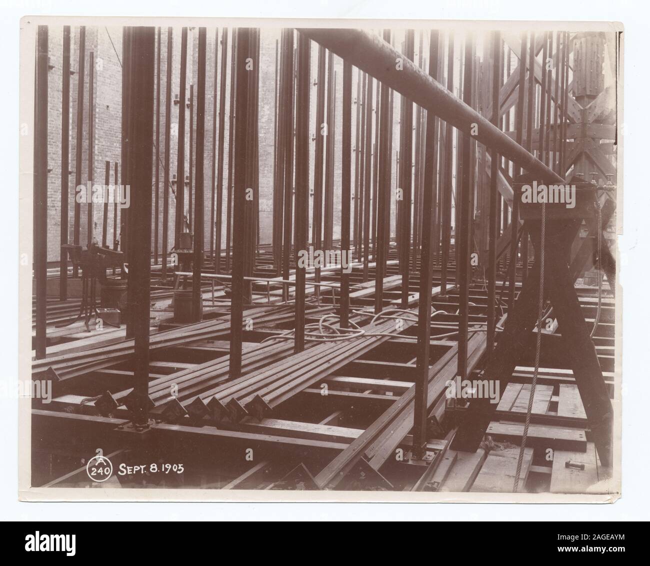 Interior work : rows of verticle beams.; Interior work : rows of ...