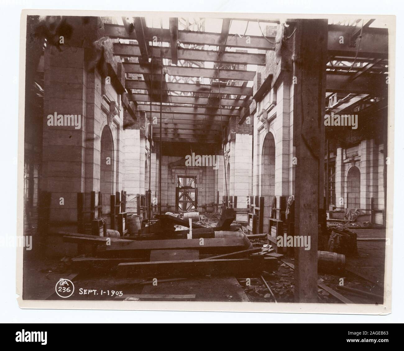 Interior work : structural framework above a room of marble arches ...