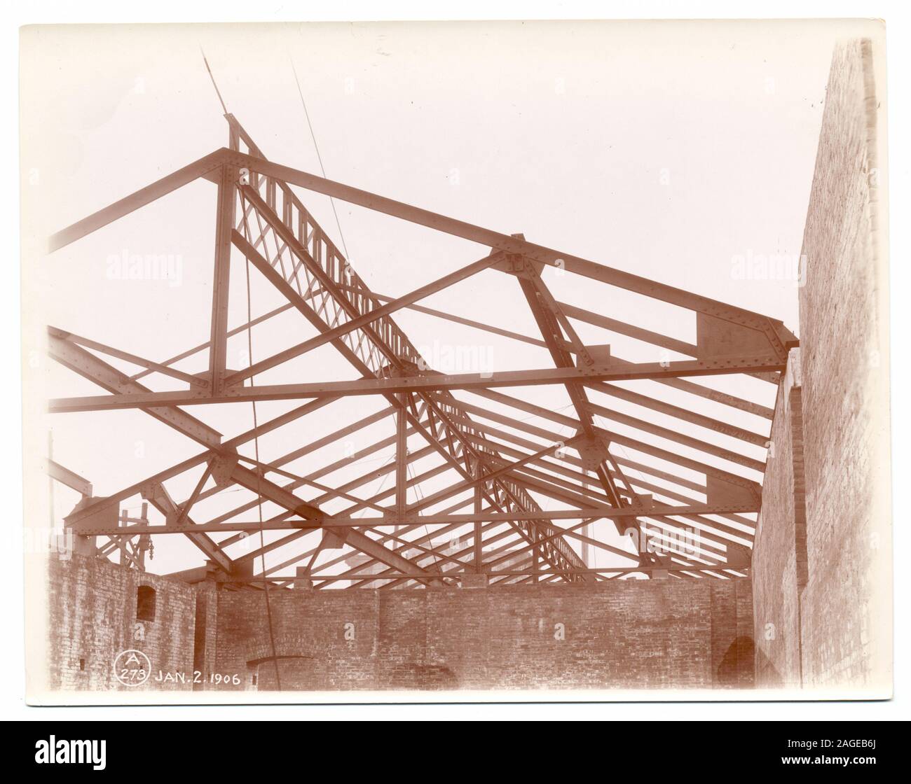 Interior work : structural framework of the roof (?).; Interior work ...