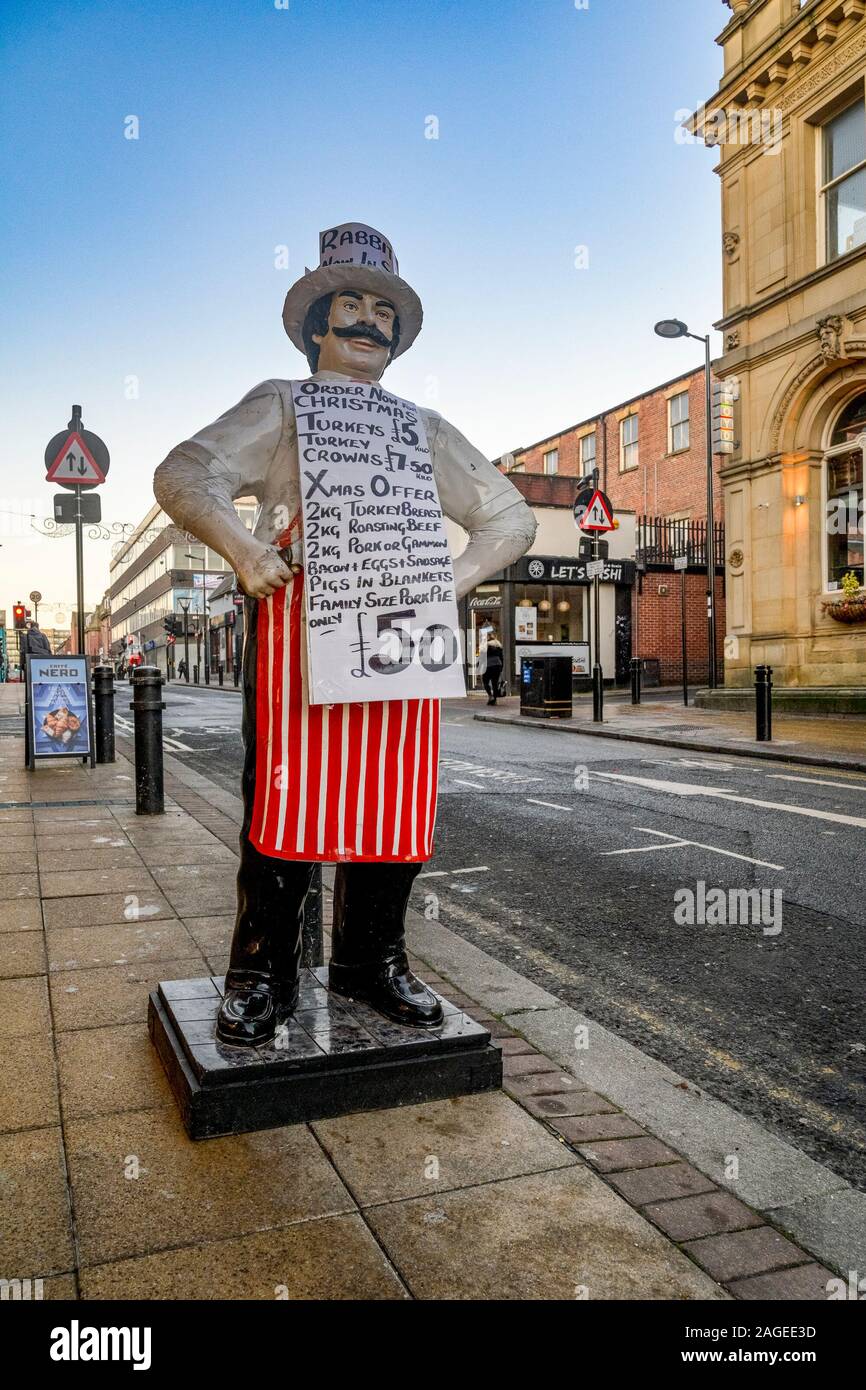 Butcher figure outside butchers shop, Sheffield, Yorkshire, England, UK ...