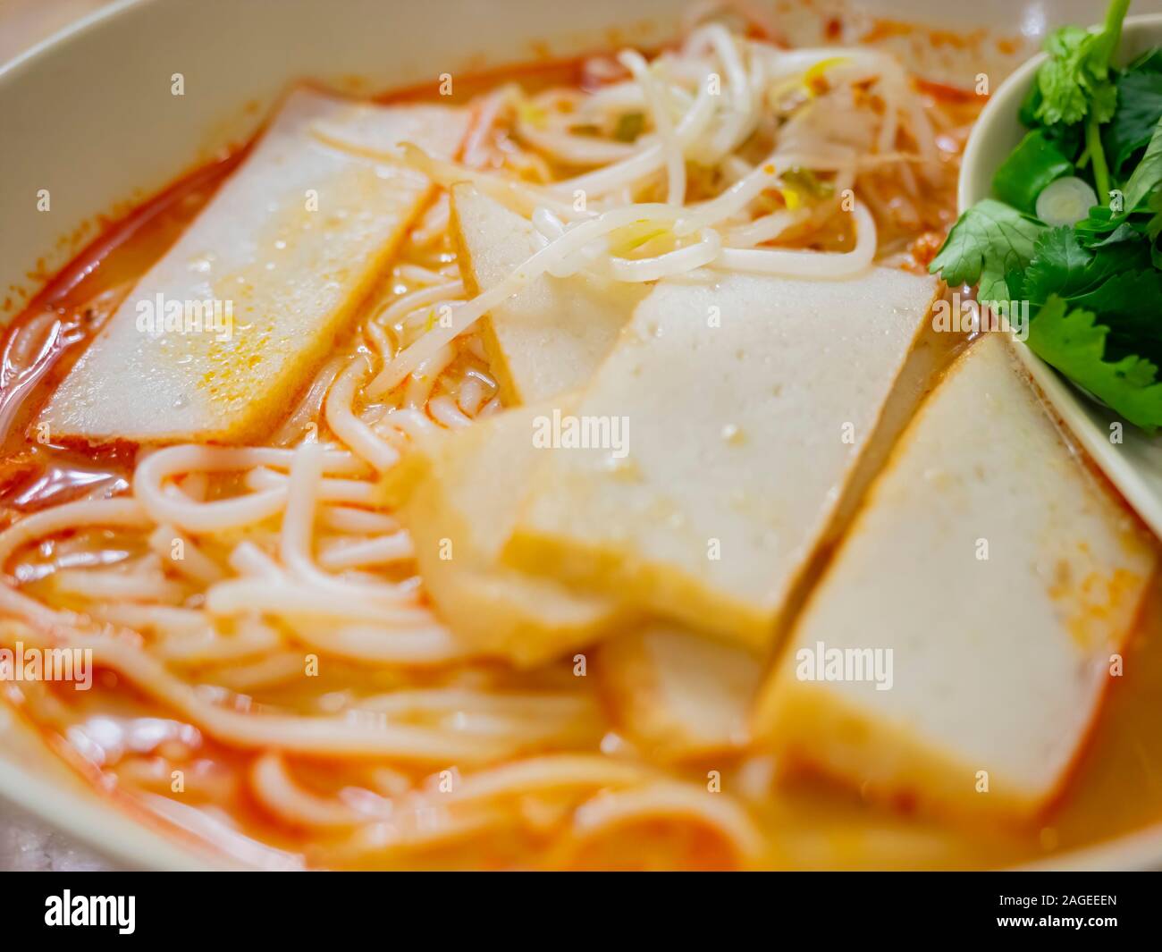 Close up shot of Myanmar style Mohinga noodle, ate at Macau, China ...