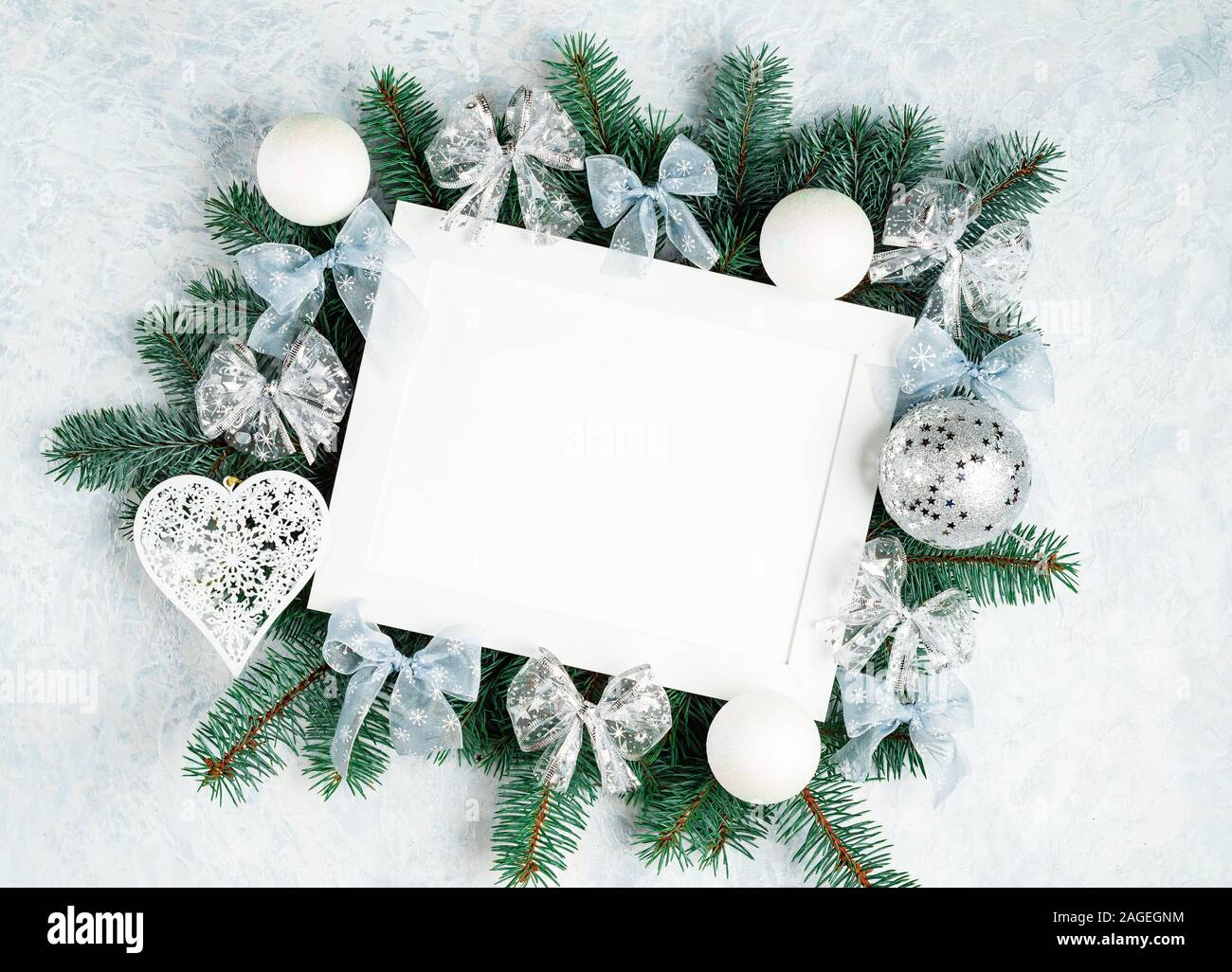 Christmas background frame in silver tones, with Christmas decorations ...