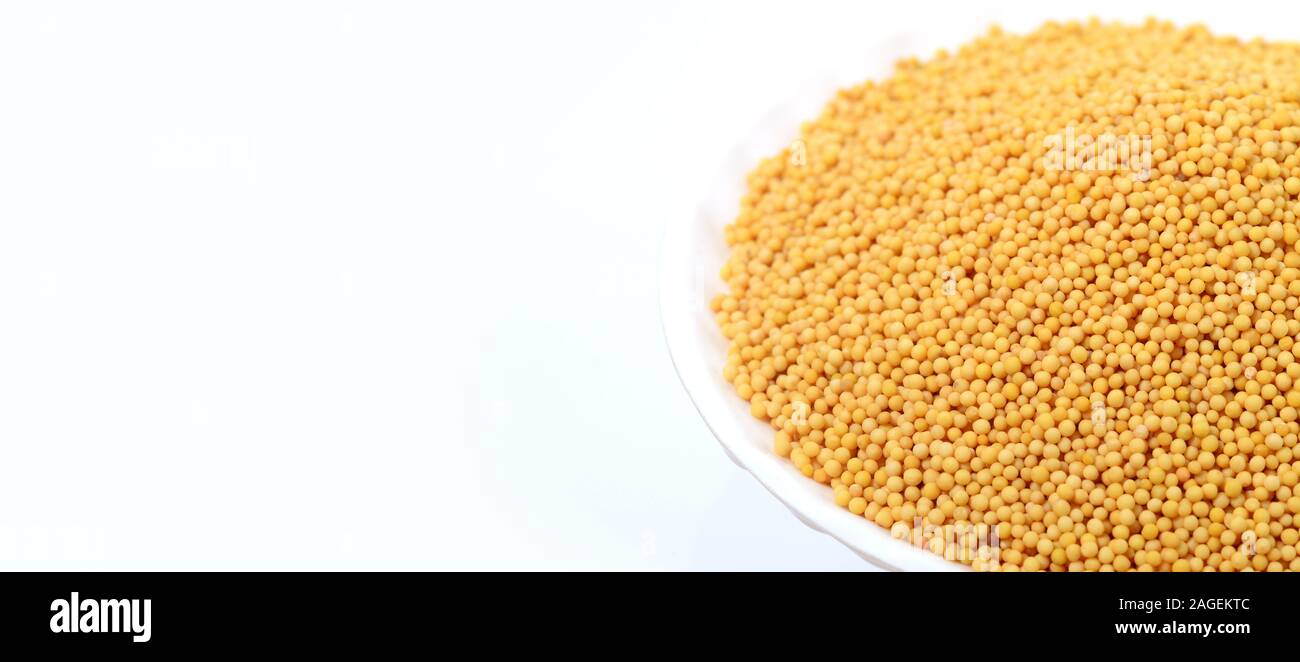 yellow mustard seeds in plate isolated on white background Stock Photo ...