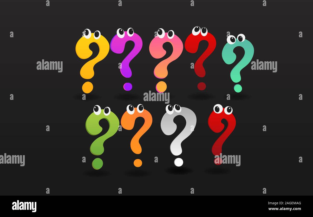 Set of colorful question signs with eyes, FAQ help. problem solve ...