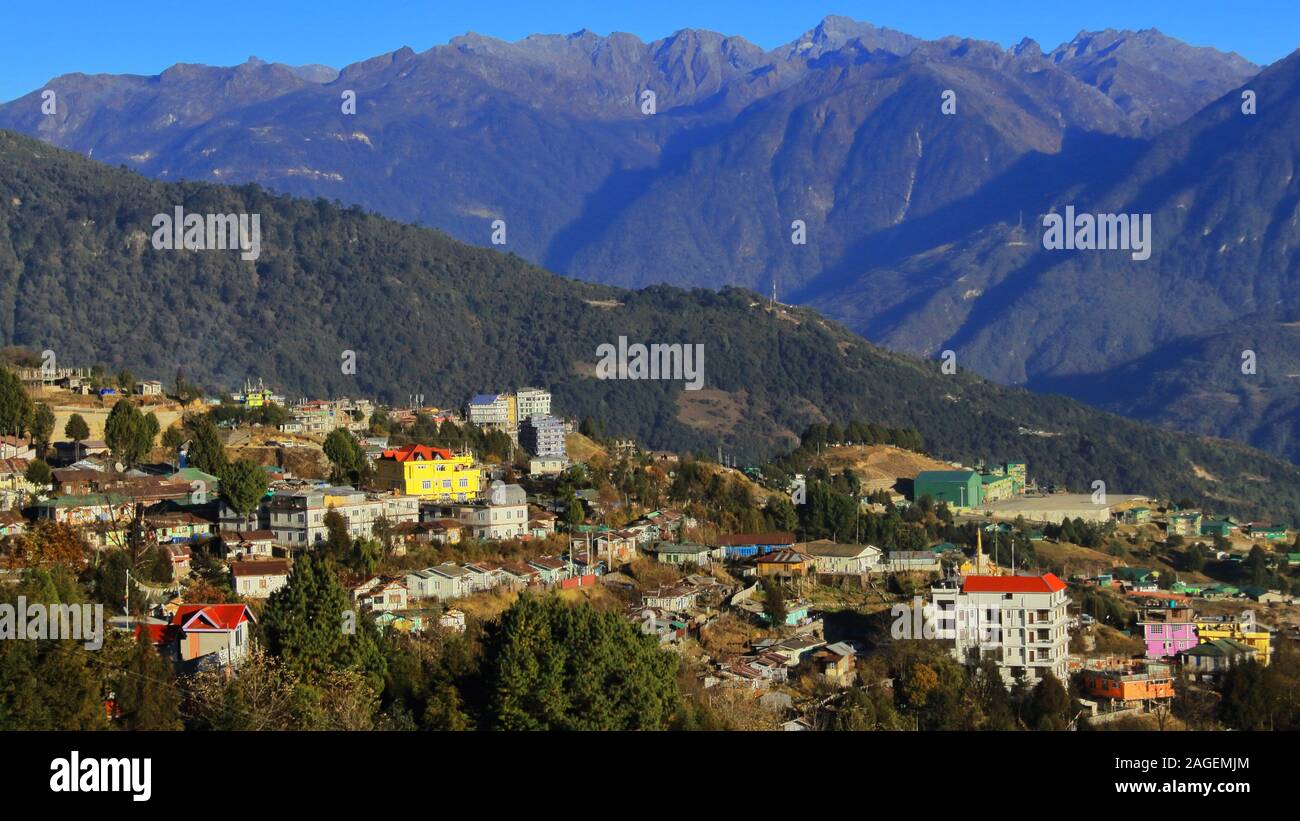 scenic landscape of tawang hill station and himalaya mountains ...